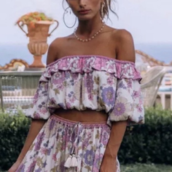 Tops | Pink Boho Gypsy Feel Boho Floral Print Crop Blouse | Poshmark